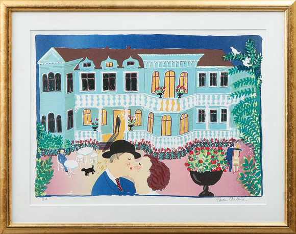 ANDERS HULTMAN. Par framför hus, färglitografi, signerad, E.A. Konst ...
