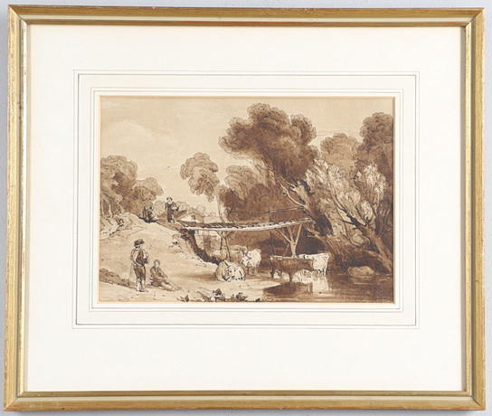 GEORGE ROBERTSON (1776-1833). FIGURES WITH CATTLE BY A BRIDGE. Art ...