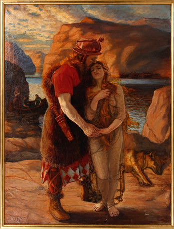 MARTIN ARONSON-LILJEGRAL. Vikingos y barco vikingo, óleo sobre lienzo ...