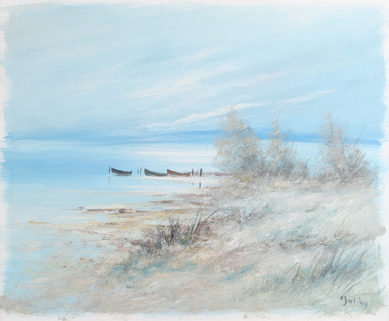 CARL JULIUS. Coastal lot with boats, oil on duik, signed C. Julius. Art ...