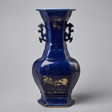 A POWDER BLUE GROUND AND GILT-DECORATED HEXAGONAL BALUSTER VASE ...