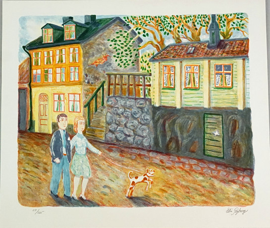 ELIS RYBERG. Lithograph in colours, Dog walk in urban environment ...