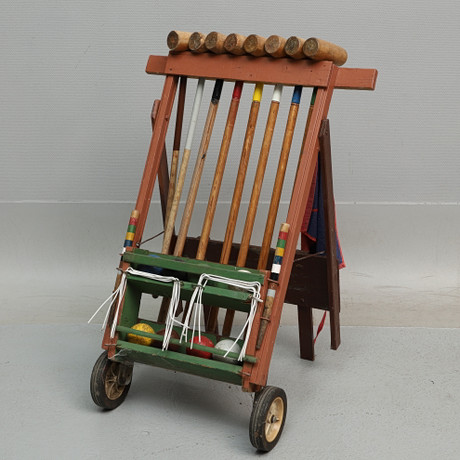 A 20th century wooden croquet board with stand on wheels. Toys - Toys ...