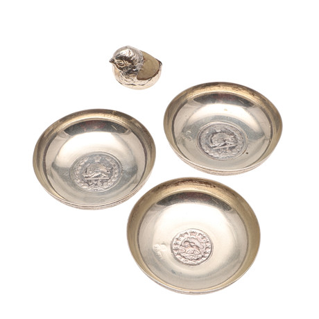 A TRIO OF IRANIAN SILVER DISHES AND A CHICK PIN CUSHION. Silver ...