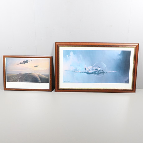 A LARGE COLOUR PRINT OF A SPITFIRE BY BARRIE CLARK, AND A SIMILAR ...