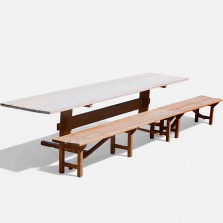 Long table - plank table and two benches made of pine wood 20 years old ...
