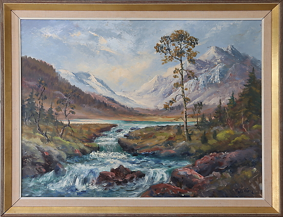 GÖSTA HILDING. Vildmarksmotiv med vattendrag, olja på duk, signerad G ...