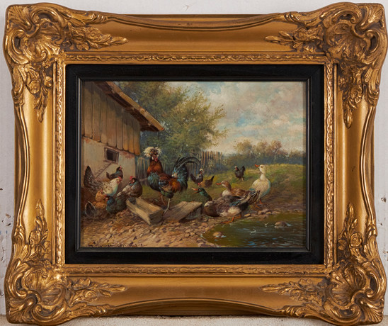 MAX HÄNGER (TYSK 1874-1941). Höns och änder, olja på pannå, signerad ...