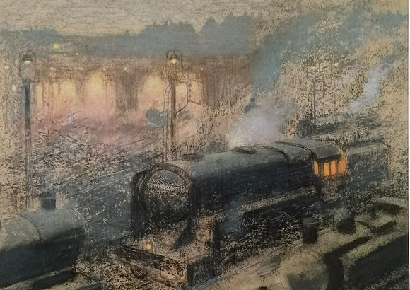 FREDERICK GEORGE WILLS (1901-93) PASTEL DRAWING OF A TRAIN AT A STATION ...