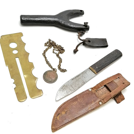 ANTIQUE KNIFE, BUTTON SLIDE, MEDALLION & ANTIQUE CATAPULT ...