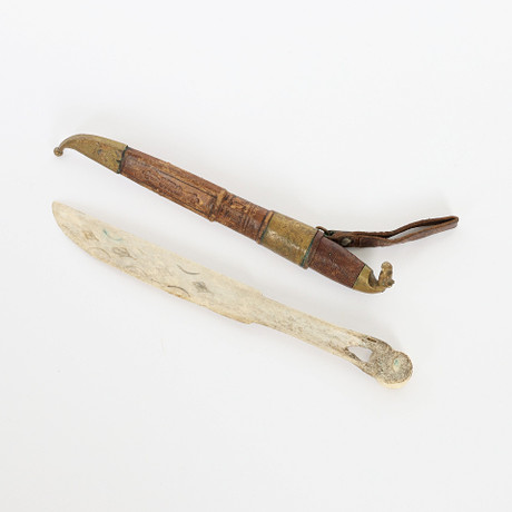 A set of two knives, Sami work in bone and a Finnish knife with brass ...