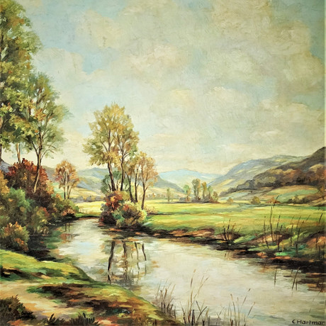 ERICH HARTMANN. VALLEY WITH RIVER, OIL PAINTING, SIGNED, FRAMED, 1950 ...