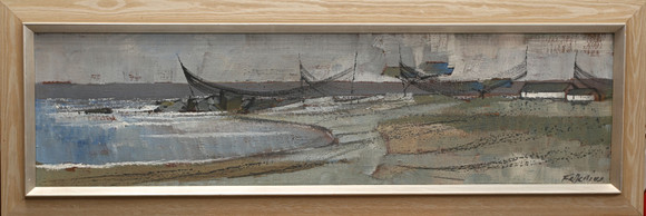 HANS FELLENIUS. Óleo sobre lienzo, red de pesca sobre secado, firmada ...