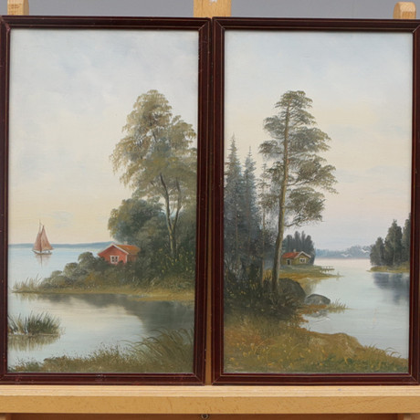 TAVLOR, 2 st, naivt målade, sekelskiftet 1900. Konst - Måleri - Auctionet