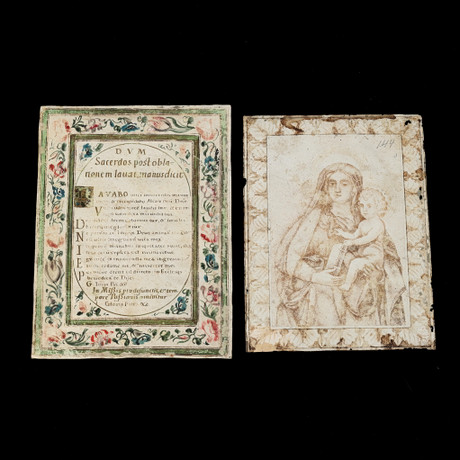 2 HAND-COLOURED RELIGIOUS DOCUMENTS, c. 16/18th century. Books, Maps ...