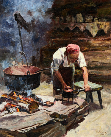 JOHAN BLADH (Sverige, 1893-1976), Kvinna vid eldstad, signerad och ...