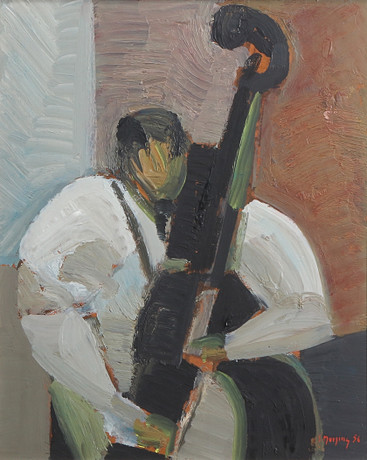 IVAR MORSING. Oil painting on panel. Music-making man. Signed and dated ...