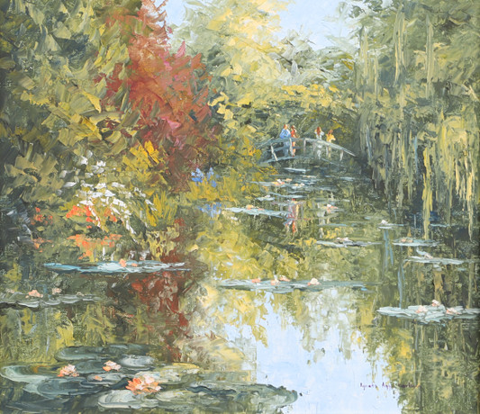 AGNETA AGGE KARLSSON. Water lily landscape with observation bridge, oil ...