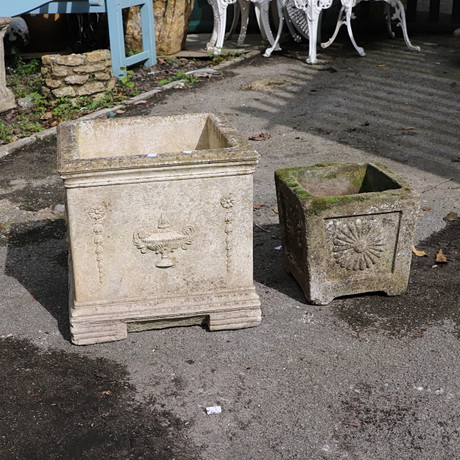 TWO RECONSTITUTED STONE SQUARE SECTION GARDEN PLANTERS. Furniture ...
