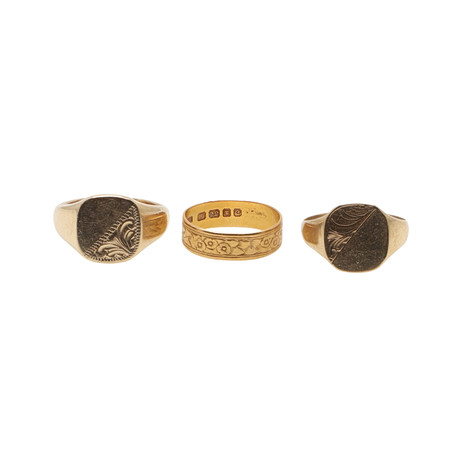 A 22CT GOLD BAND AND TWO 9CT GOLD SIGNET RINGS. Jewellery & Gemstones ...