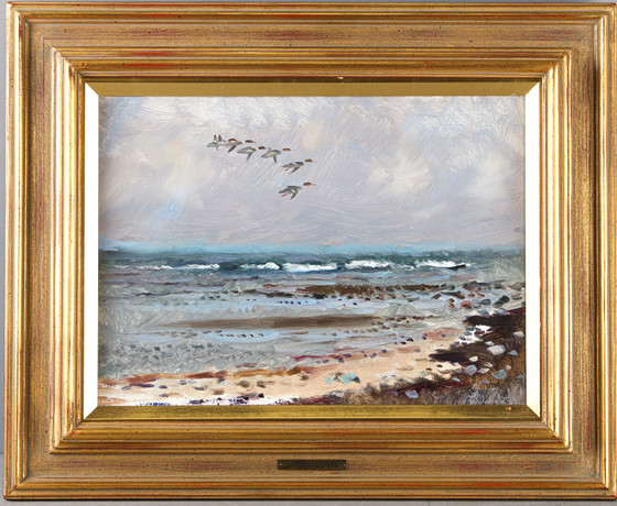 LINDORM LILJEFORS. Coastal image with flying geese, oil on panel. Art ...