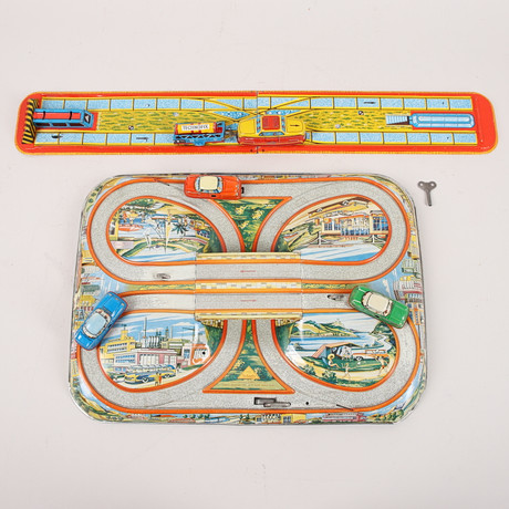 TECHNOFIX, Car track and train track, lithographed sheet metal, 1950s ...