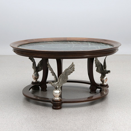 COFFEE TABLE. Stained beech with marble top, supported by silvered ...