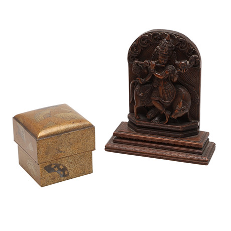 JAPANESE GOLD LACQUERED BOX & INDIAN WOODEN DEITY. Miscellaneous ...