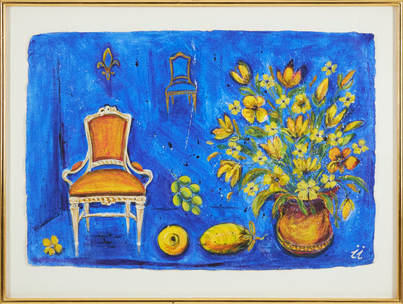 INGBRITT IRENE LAGERBERG (FÖDD 1943). Blomsterstilleben med stol ...