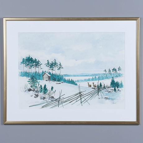 ULF ÅLUND ( 1948-). Akvarell. Rådjur vid gärdsgård. Konst - Måleri ...