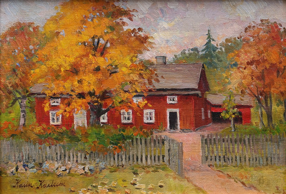 KARIN KARLSSON, olja på pannå, gårdsmotiv, signerad. Konst - Måleri ...