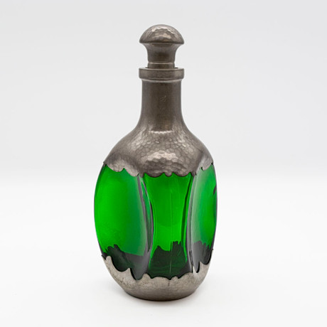 CARAFE WITH LOCK, ROYAL HOLLAND DAALDEROP, TIN, GREEN GLASS, FIRST HALF ...