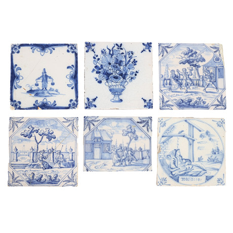 A COLLECTION OF SIX BLUE AND WHITE ENGLISH/DUTCH DELFTWARE TILES, CIRCA ...