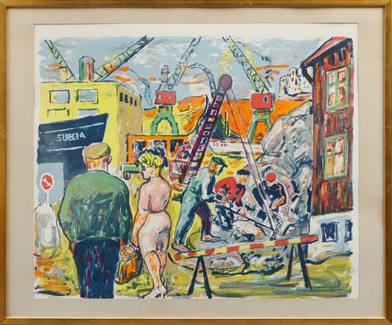 ALBIN AMELIN. Arbete i Göteborgs hamn. Färglitografi, signerad och ...