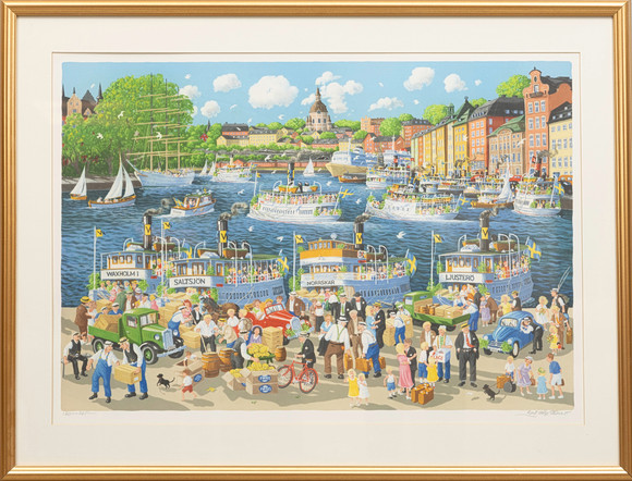 BERT HÅGE HÄVERÖ. Stockholm motif with archipelago boats, lithograph in ...