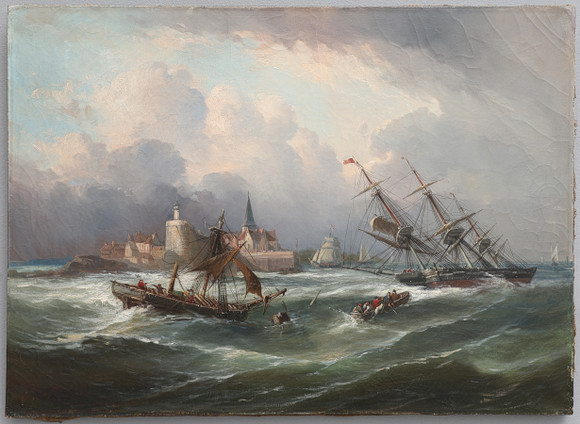 JOHAN CHRISTIAN BERGER (1803-71). MARINE WITH SHIP ON ROUGH SEAS. Art ...