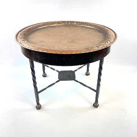 SMOKING TABLE/TRAY TABLE, with copper tray and forging undercarriage ...