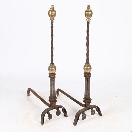 A LARGE PAIR OF 18TH CENTURY BRASS AND STEEL FIRE DOGS, FRENCH. Silver ...