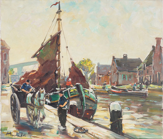 HEINRICH HAERENDEL. “Busy scene in a port”. Oil on canvas. Art ...
