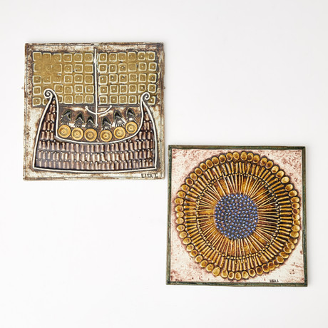 LISA LARSON. PLAQUES, 2 pcs with Viking ship and sunflower, glazed ...