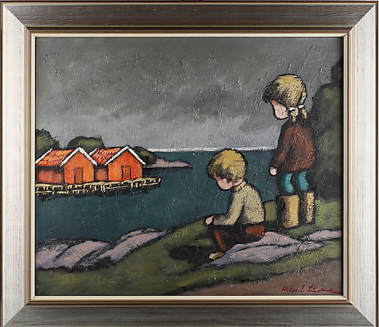 HELGE E LINDHOLM. Child by water, oil on canvas, signed. Art ...