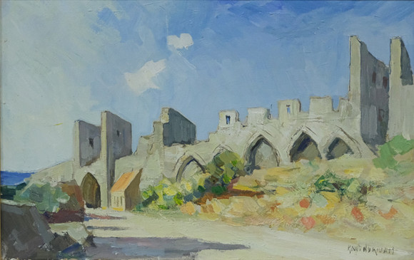 KNUT NORMAN. OIL ON CANVAS. MOTV WITH VISBY CURTAIN WALL. Art ...