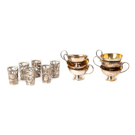 A set of six silver and clear glass PUNCH CUPS and six glass VODKA cups ...