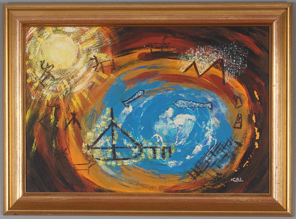 CAI POULSEN. Komposition med samiska tecken, olja på papp ...