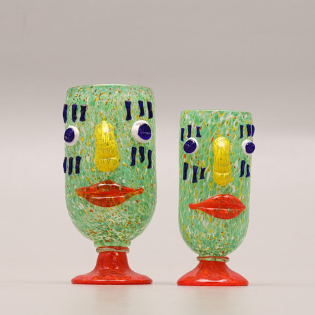 VASES, 1 pair, in the shape of a face, polychrome glass with decor ...