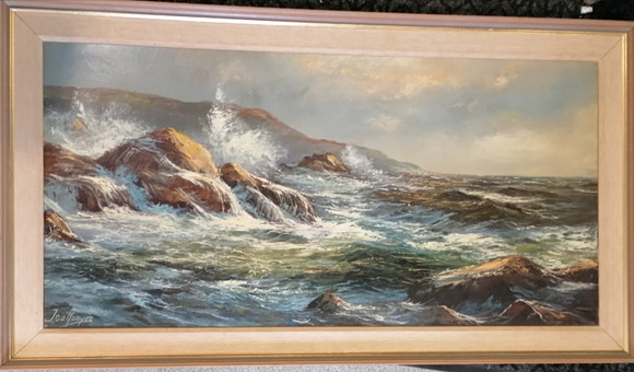 JOE NOOYER LARGE OIL PAINTING OF A COASTAL SCENE WITH ROCKS & WAVES ...