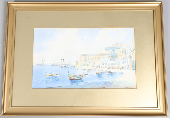 JOSEPH GALEA (1904-1985). FISHING BOATS AND NAVAL VESSELS AT VALLETTA ...