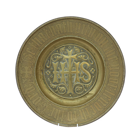 A GOTHIC STYLE BRASS COLLECTION PLATE, CIRCA 1870. Silver & Metals ...