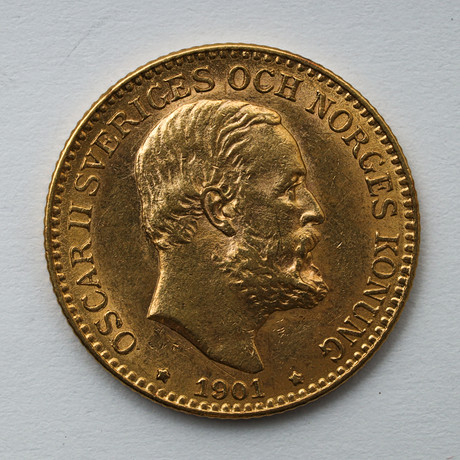 MYNT, 21,6 k guld, 10 kronor, Oscar II, Sveriges och Norges konung ...