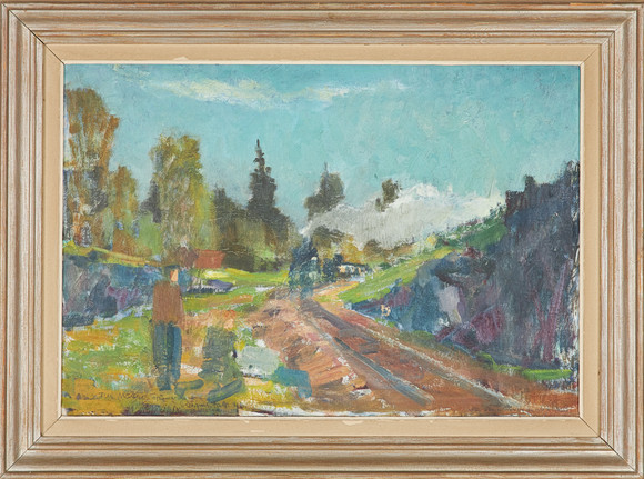 RAGNAR FALK. oil on canvas, the artist himself with friend on the way ...